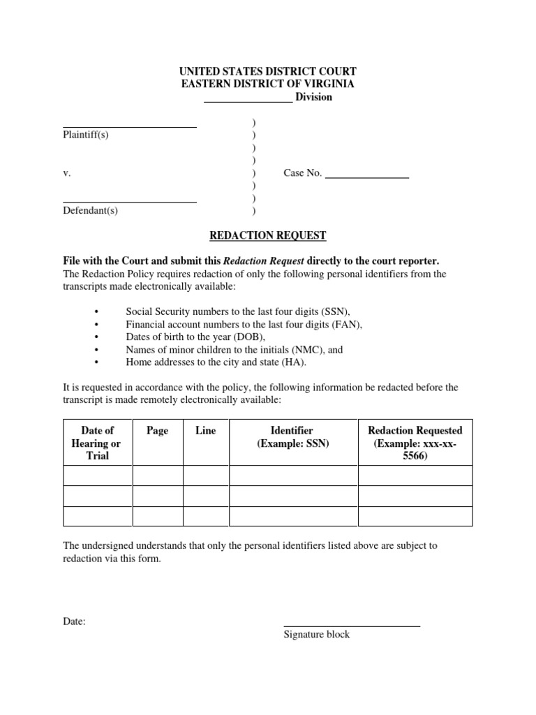 Redaction Request | PDF | Social Security Number | Judiciaries