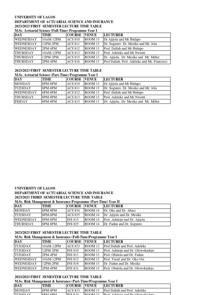 2023 - 2024 Lecture Time Table | PDF | Risk | Mathematical Finance