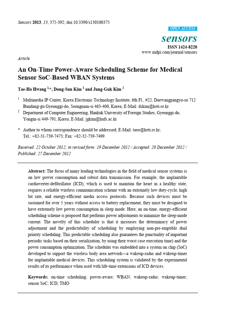 An On-Time Power-Aware Scheduling Scheme For Medical Sensor SoC-Based WBAN Systems - Sensors-13 ...