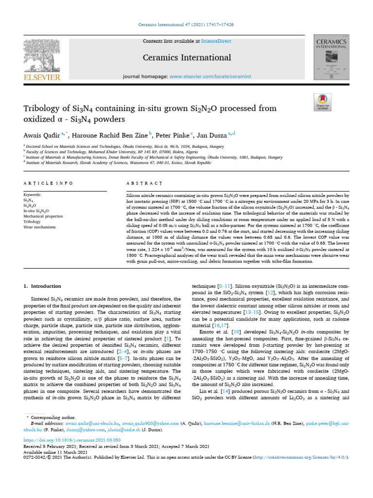Tribology of Si3N4 Containing in Situ GR | PDF | Wear | Sintering