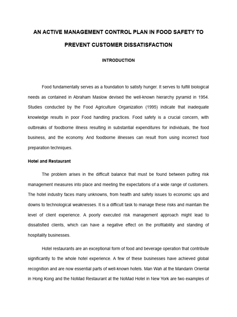 An Active Management Control Plan in Food Safety To Prevent Customer ...