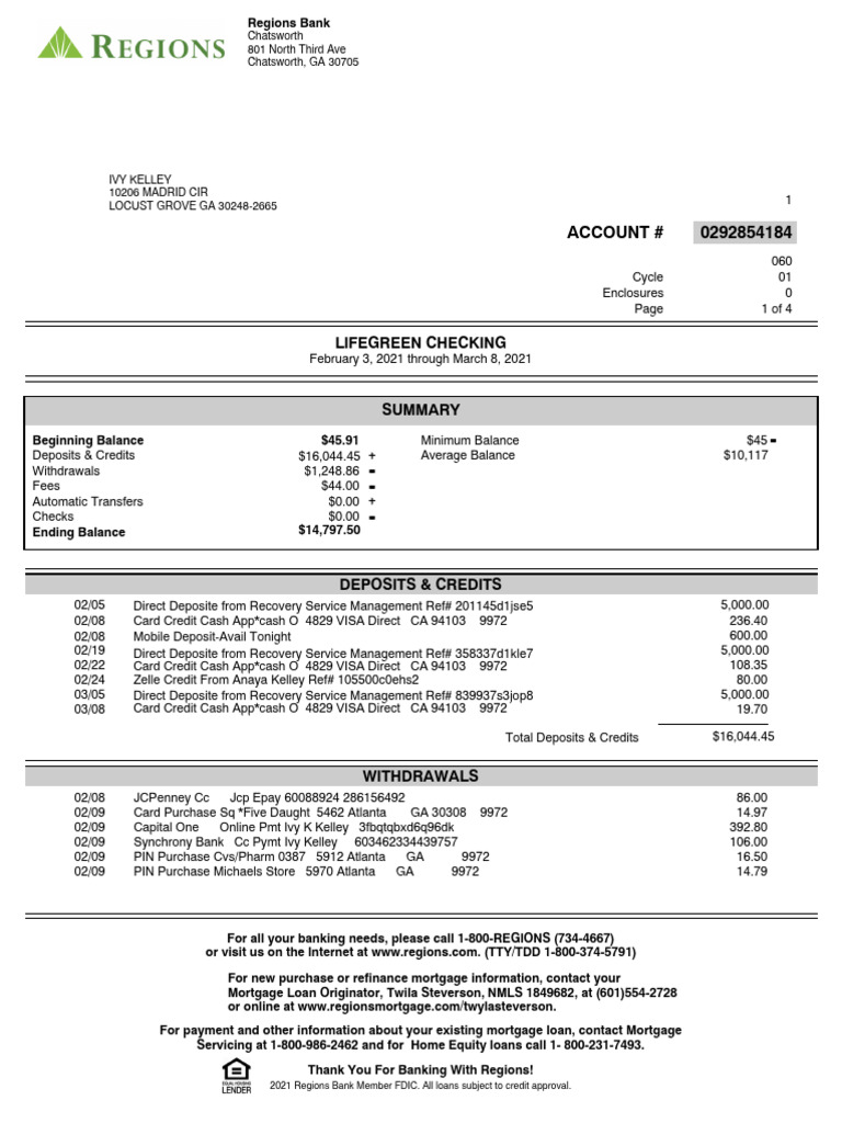 Region Bank Statement | PDF | Banking | Financial Services
