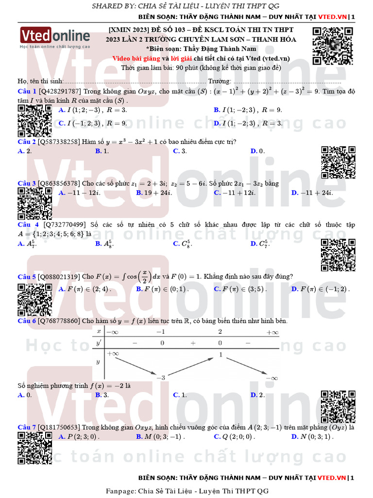 00. (XMIN 2023) Đề số 103 - Đề KSCL Toán thi TN THPT 2023 lần 2 trường chuyên Lam Sơn - Thanh ...