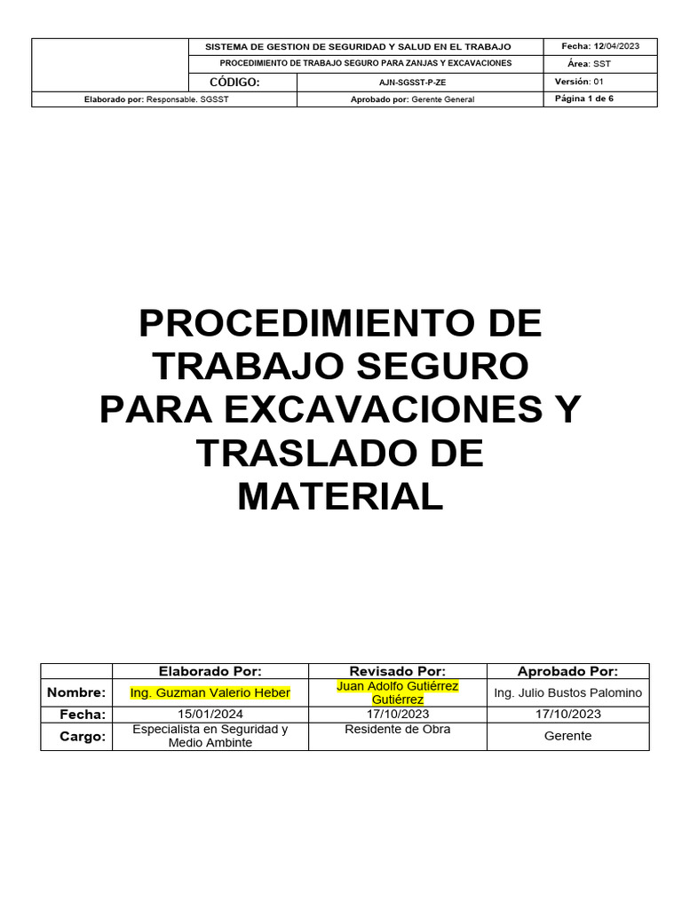 Procedimiento de Trabajo Seguro para Excavaciones | PDF