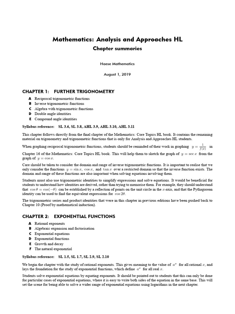 Analysis and Approaches HL Chapters Summaries | PDF | Zero Of A Function | Integral