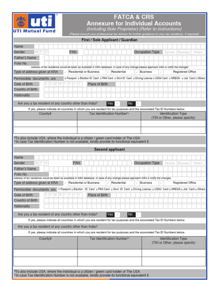 UTI FATCA & CRS Form Individual | PDF