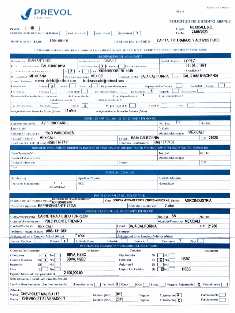 Solicitud Credito - CALJ9108318YA - PREVOL | PDF