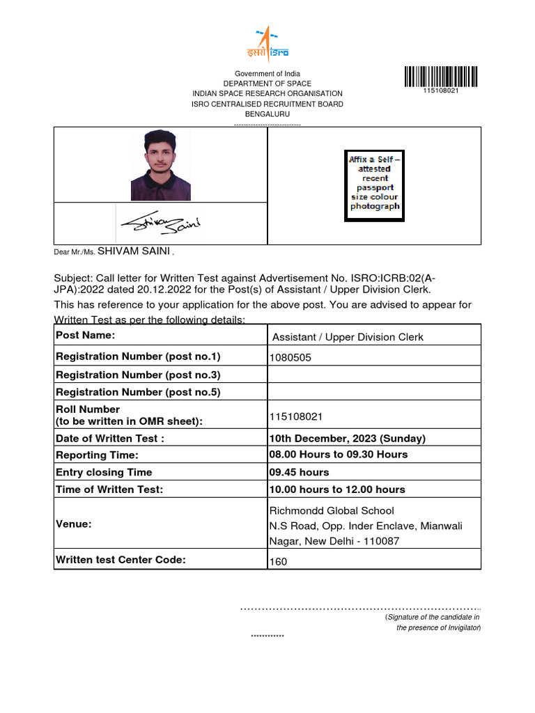 Government of India Department of Space Indian Space Research ...