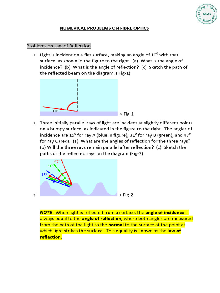 Fiber Optics Problem Set | PDF | Optical Fiber | Reflection (Physics)
