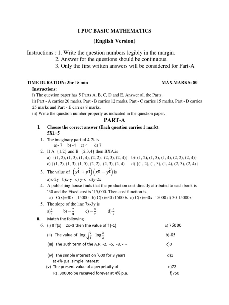 Basic Maths Model QP I Puc 2023-24 PDF | PDF | Mathematics