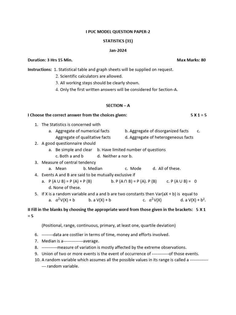 I PUC Stats Model QP2 Jan 2024 | PDF | Mean | Statistical Analysis