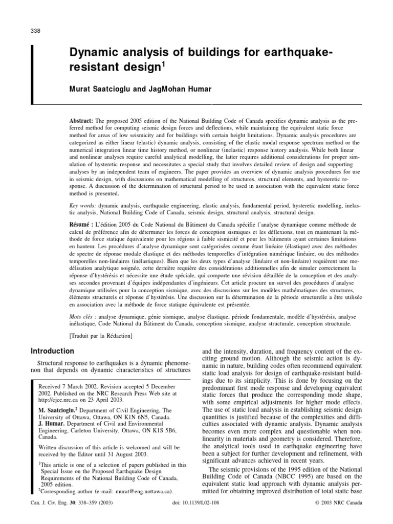Dynamic Analysis of Buildings for Earthq | PDF