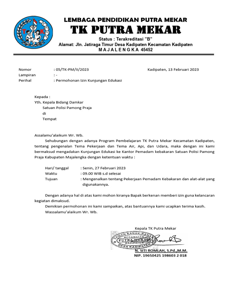 Surat Permohonan Kunjungan Edukasi Damkar | PDF