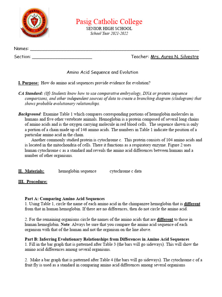 Lab-Amino Acid Sequence and Evolution | PDF | Proteins | Hemoglobin