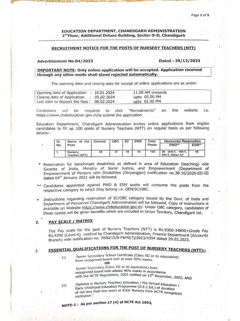 Recruitment Notice For The Post of NTT | PDF