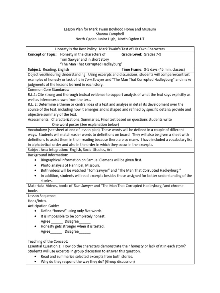 Honesty Is The Best Policy Mark Twain Test of His Own Characters | PDF ...