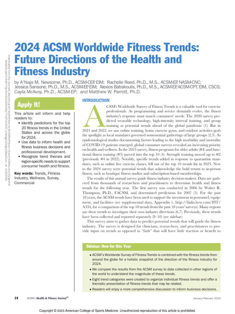 2024 - Acsm - Worldwide - Fitness - Trends 2024 | PDF