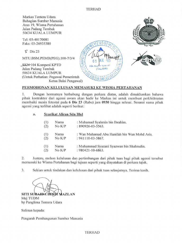 Surat Masuk Mindef | PDF