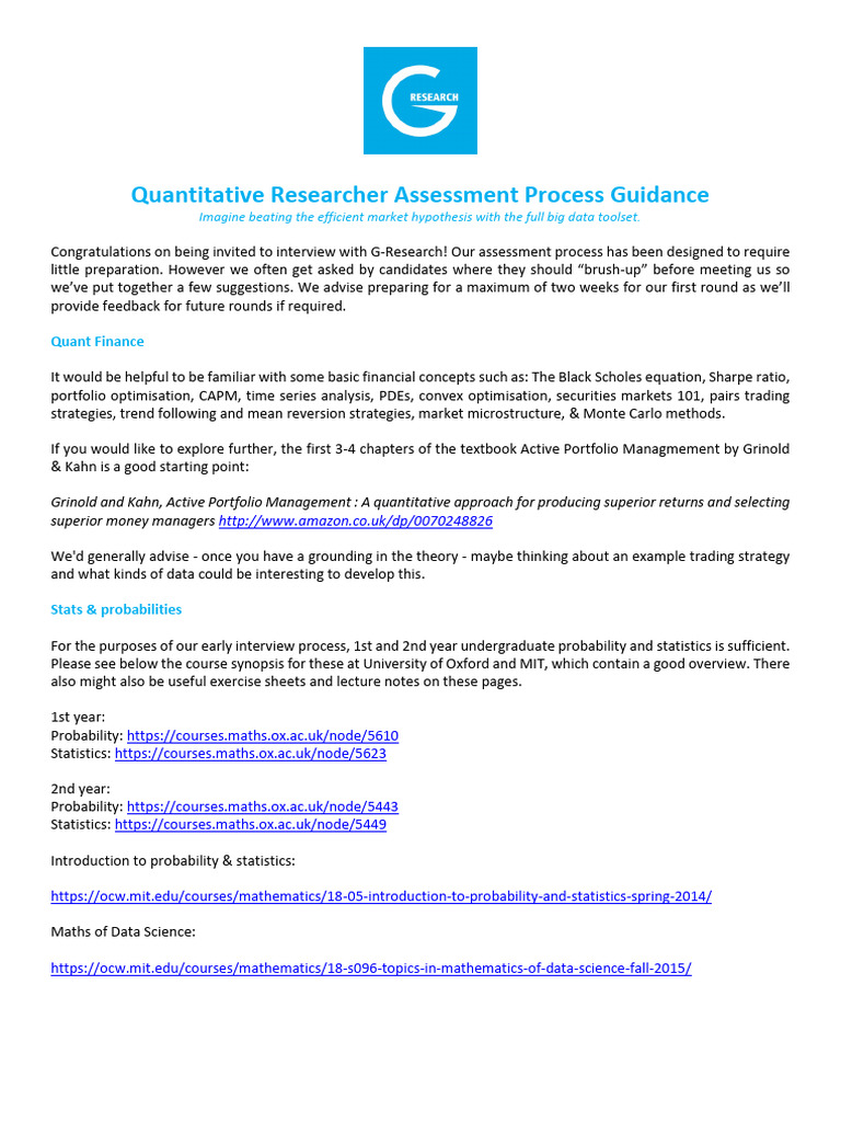 Quantitative Researcher Interview Prep | PDF | Statistics | Applied Mathematics