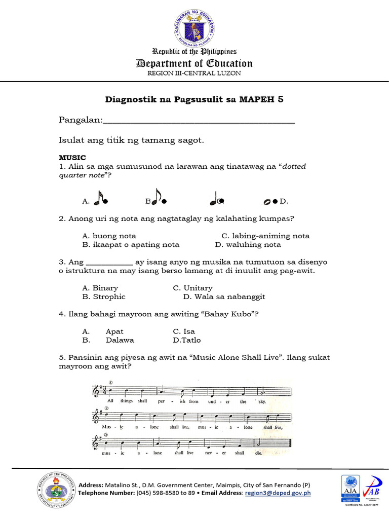Grade 5 MAPEH Assessment Tool FINAL | PDF