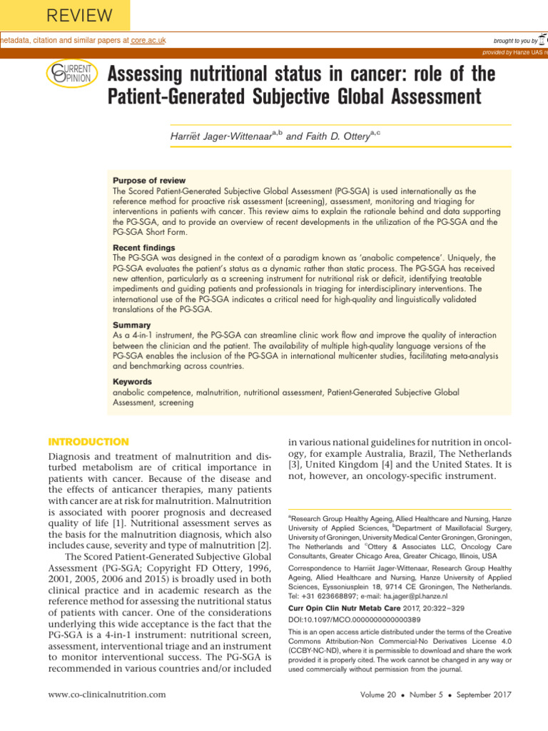 Assessing Nutritional Status in Cancer: Role of The Patient-Generated Subjective Global ...