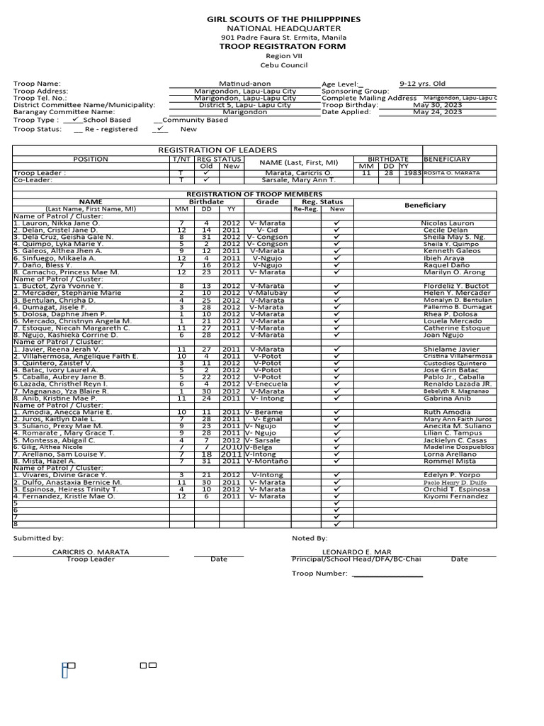 National Headquarter: Registration of Troop Members Name Birthdate ...
