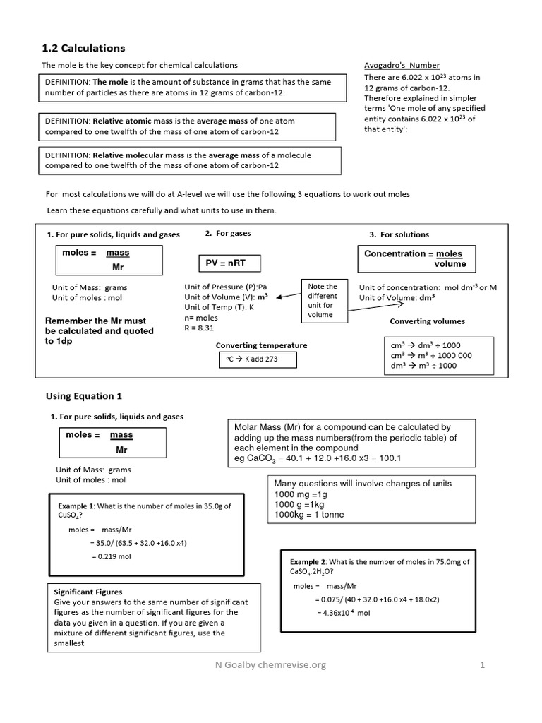 1 2 Revision Guide Calculations | PDF | Mole (Unit) | Gases