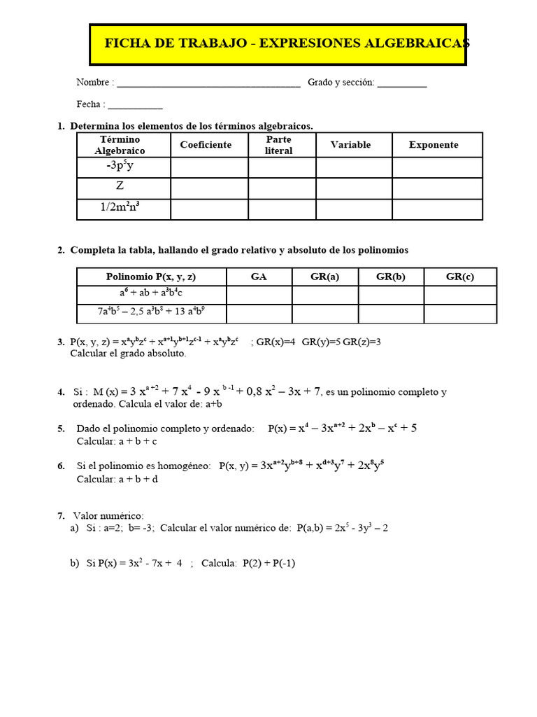 Hoja De Trabajo Sobre Las Partes De Una Expresión Algebraica Completa