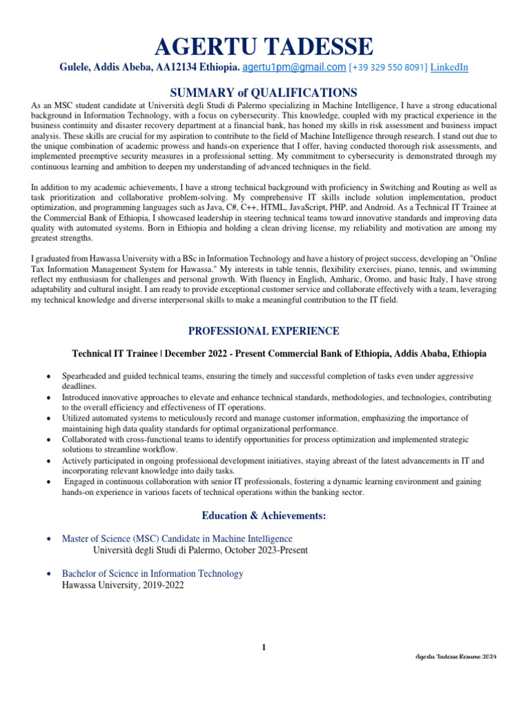 Agertu Tadesse Resume 2024 | PDF | Collaboration | Intelligence