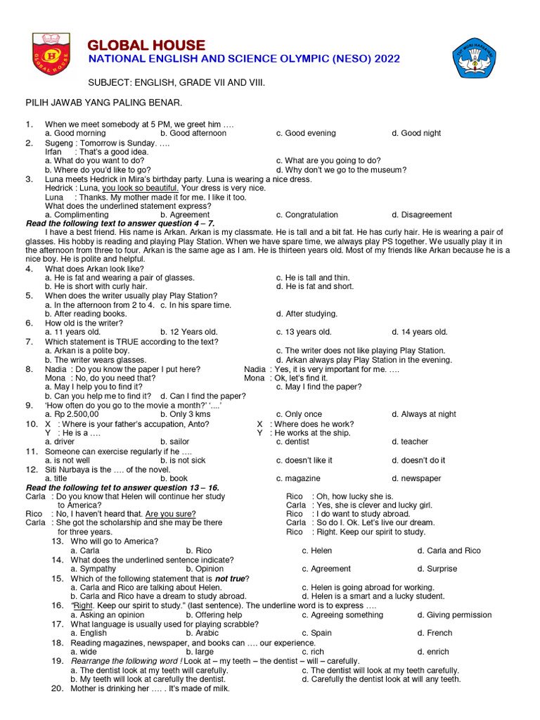 Soal Olymp English Kls 7&8 - 40 Soal | PDF