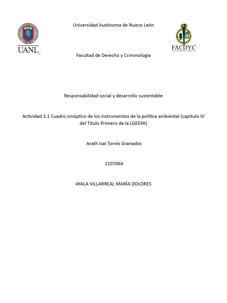 Actividad 3.1 Cuadro sinóptico de los instrumentos de la política ambiental (capítulo IV del ...