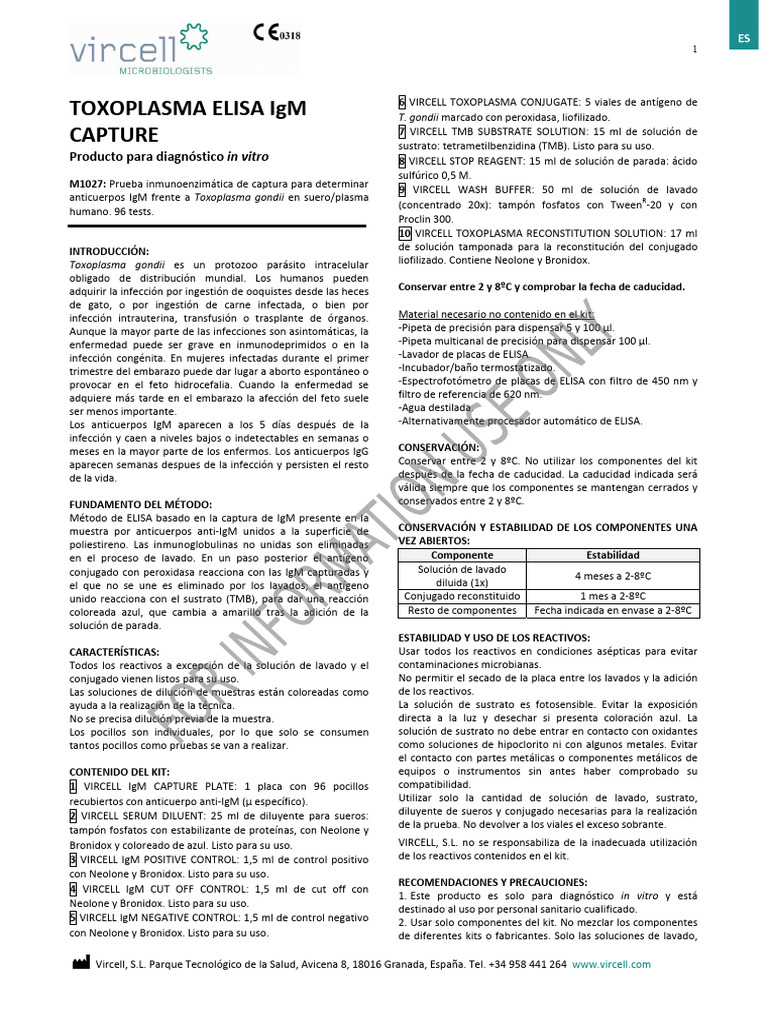 TOXOPLASMA ELISA IgM CAPTURE M1027 ES | PDF | Elisa | Inmunología