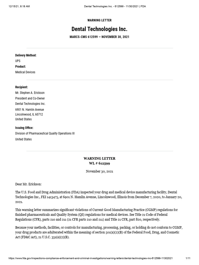 Dental Technologies Inc. - Warning Letter | PDF | Health Care