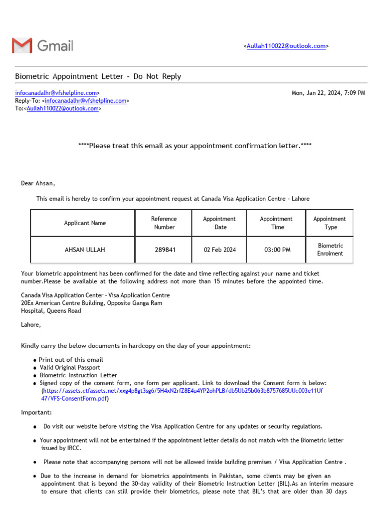 Canada Biometric Appointment Confirmation | PDF | Travel Visa ...
