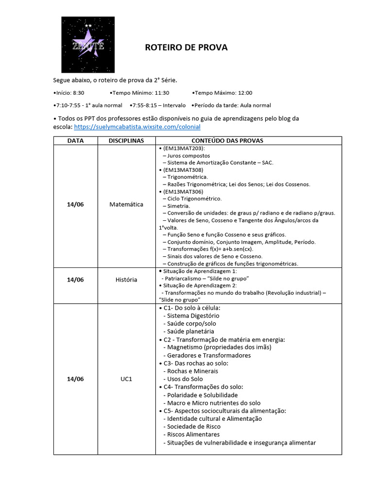 Roteiro de Provas 2°A | PDF | Trigonometria