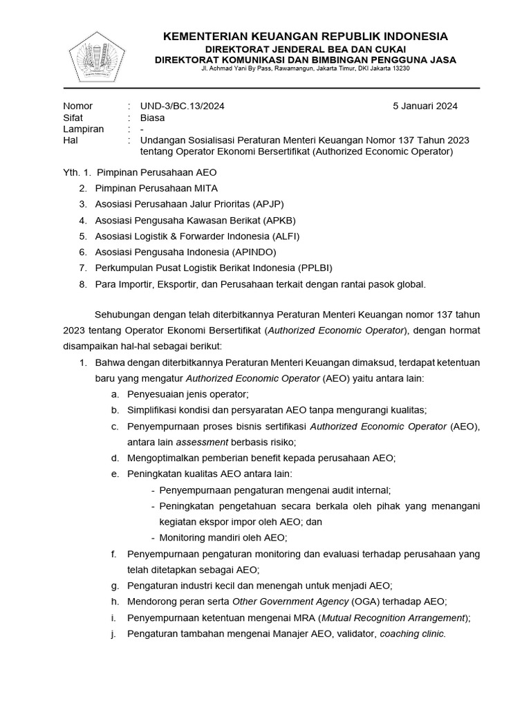 Undangan Sosialisasi Peraturan Menteri Keuangan Nomor 137 Tahun 2023 Tentang Operator Ekonomi ...