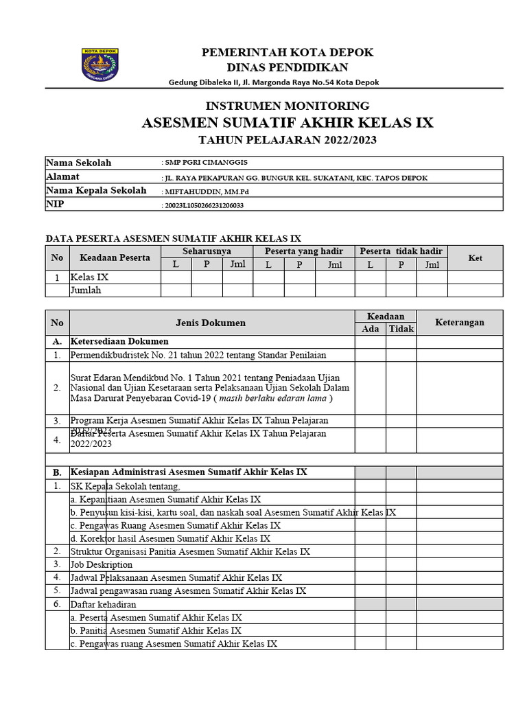 Instrumen Monev Asesmen Sumatif Akhir Kelas 9 2023 | PDF