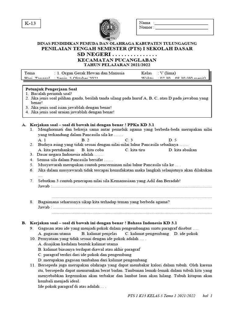 PTS 1 Tema 1 Kelas 5 2021-2022 | PDF | Karier & Perkembangan