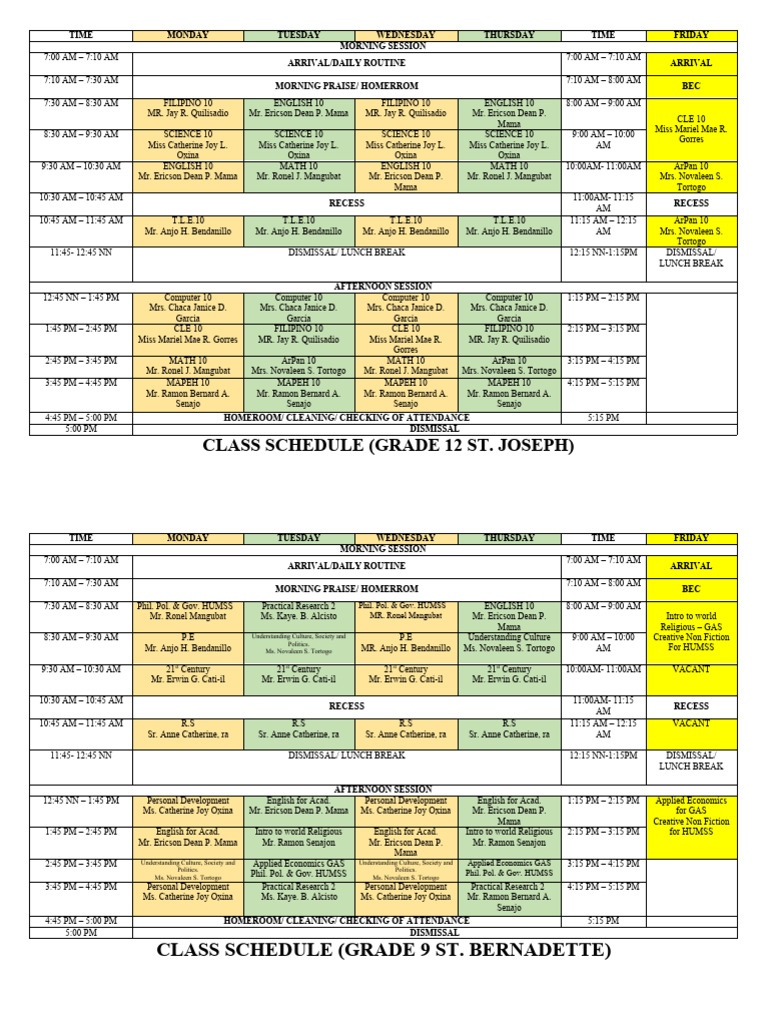 Class Schedule | PDF | Educational Organizations | Schools