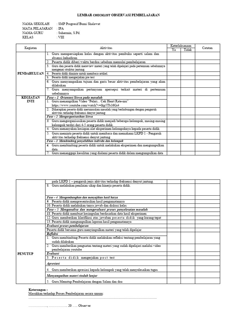 Checklist Observasi Pembelajaran IPA SMP | PDF