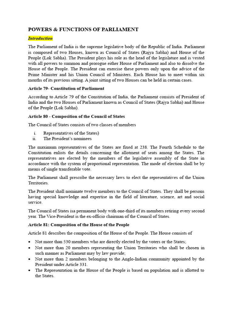 Powers and Functions of Indian Parliament | PDF | Constitutional Law ...