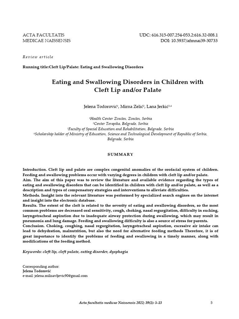Eating and Swallowing Disorders in Children With Cleft Lip Andor Palate ...