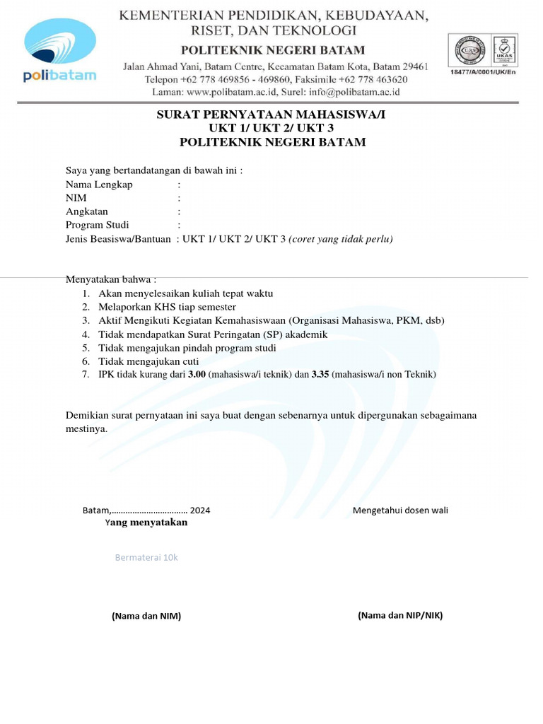 Surat Pernyataan Dan Laporan Hasil Studi UKT 1-3 On Going | PDF