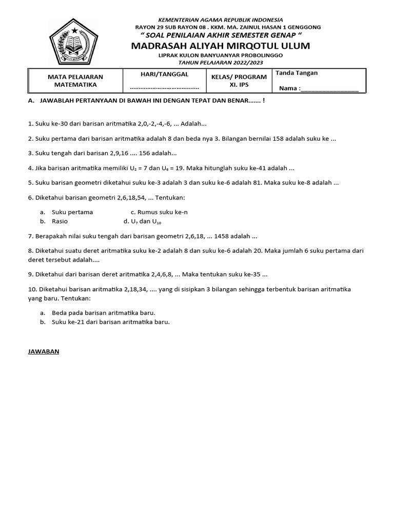 Soal MTK Genap 2023 | PDF
