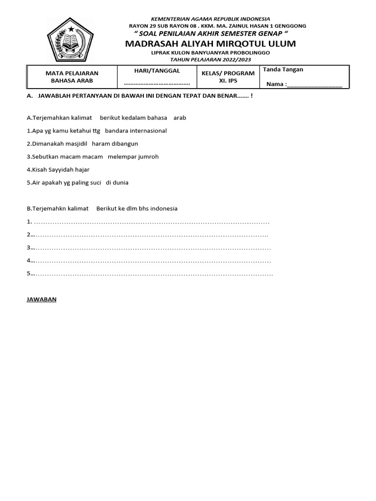 Soal Bhs Arab Genap 2023 | PDF | Kajian Bahasa Asing | Seni
