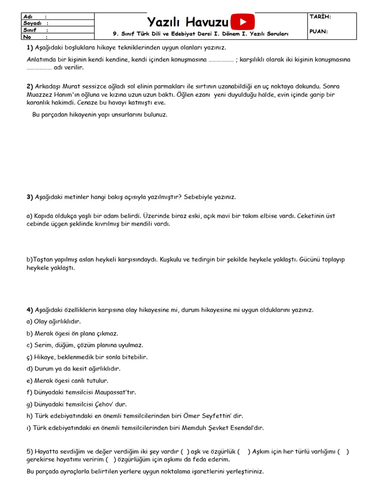 Sinif Tum Dersler 1. Donem 1. Yazililar | PDF