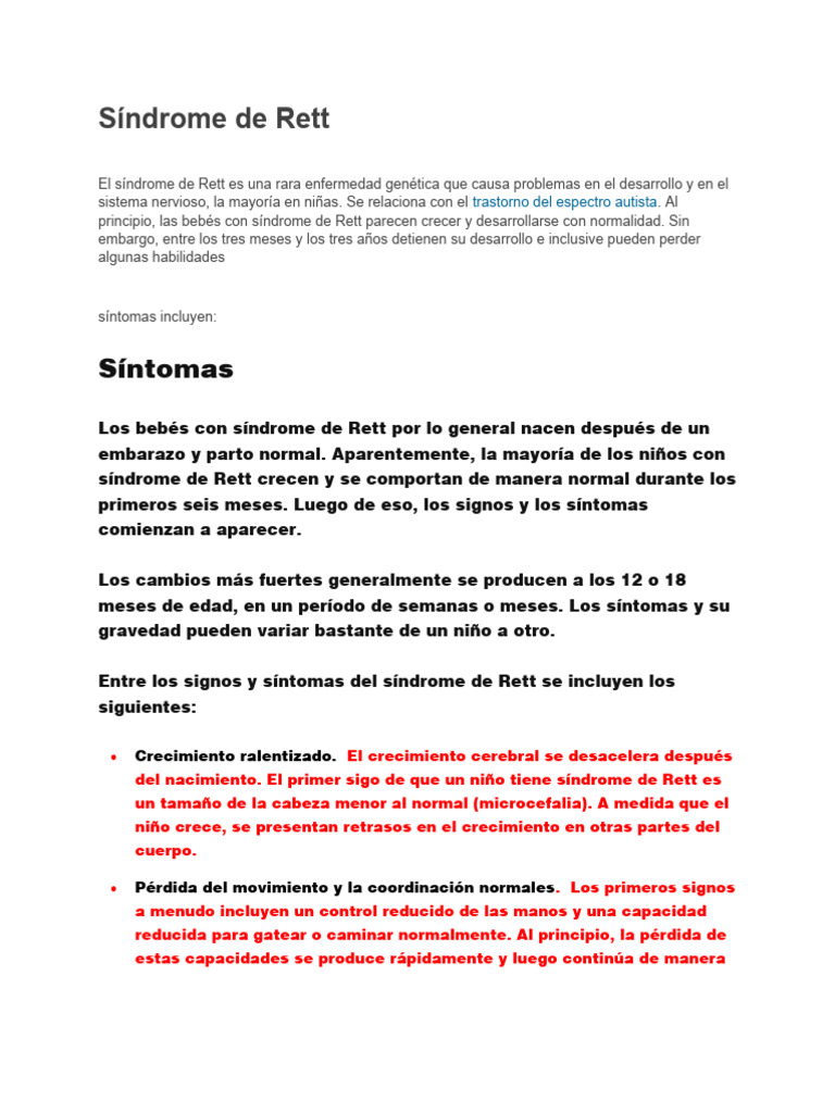 Síndrome de Rett | PDF | Desorden hiperactivo y deficit de atencion | Medicina CLINICA
