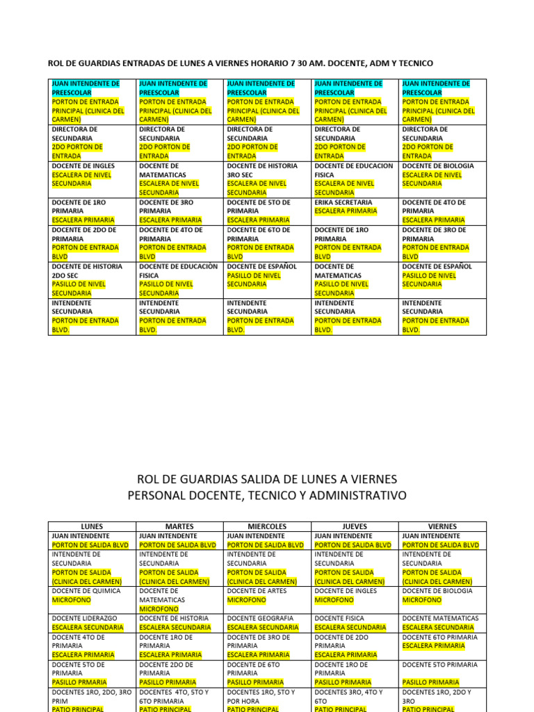 Guardias de Entrada y Salida 2023-2024 | PDF