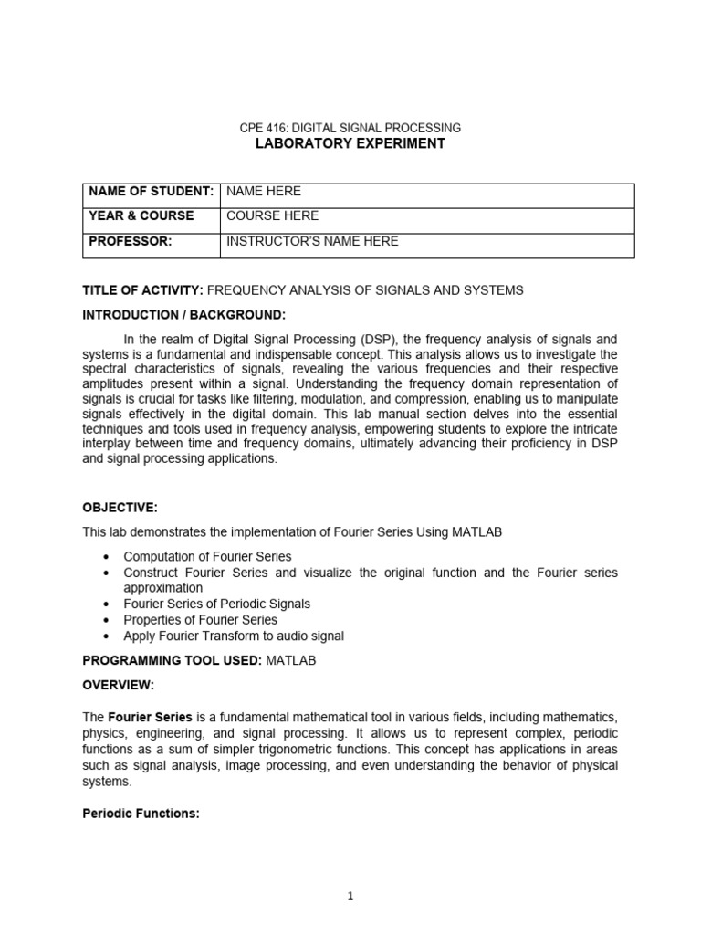 Cpe416 - DSP - Laboratory 4 | PDF | Fourier Series | Digital Signal ...