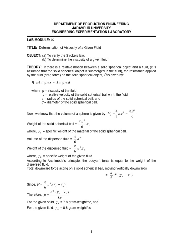 Stoke's Law (Lab Sheet) | PDF | Sphere | Soft Matter